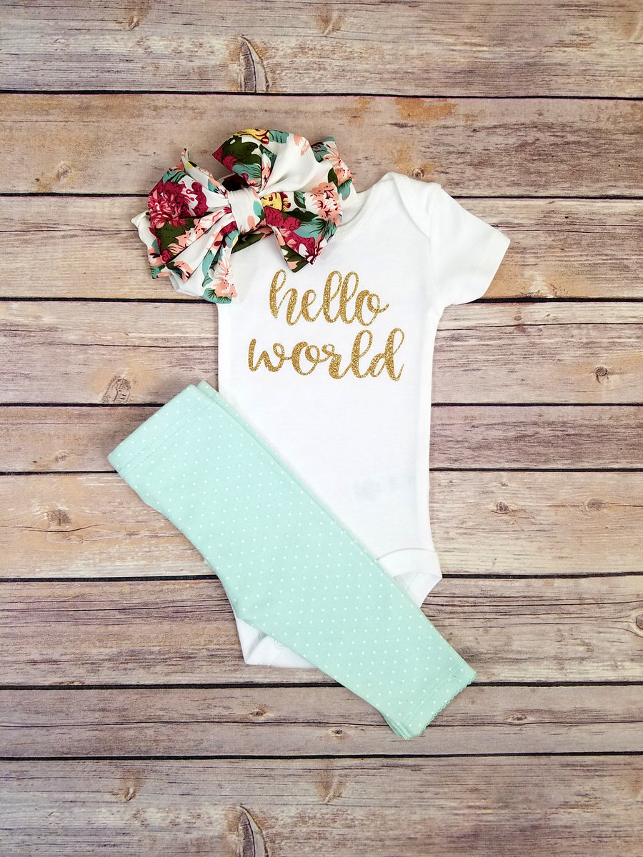 Hello World Newborn Outfit Fuchsia Mint Gold Hello World Newborn Comin ...